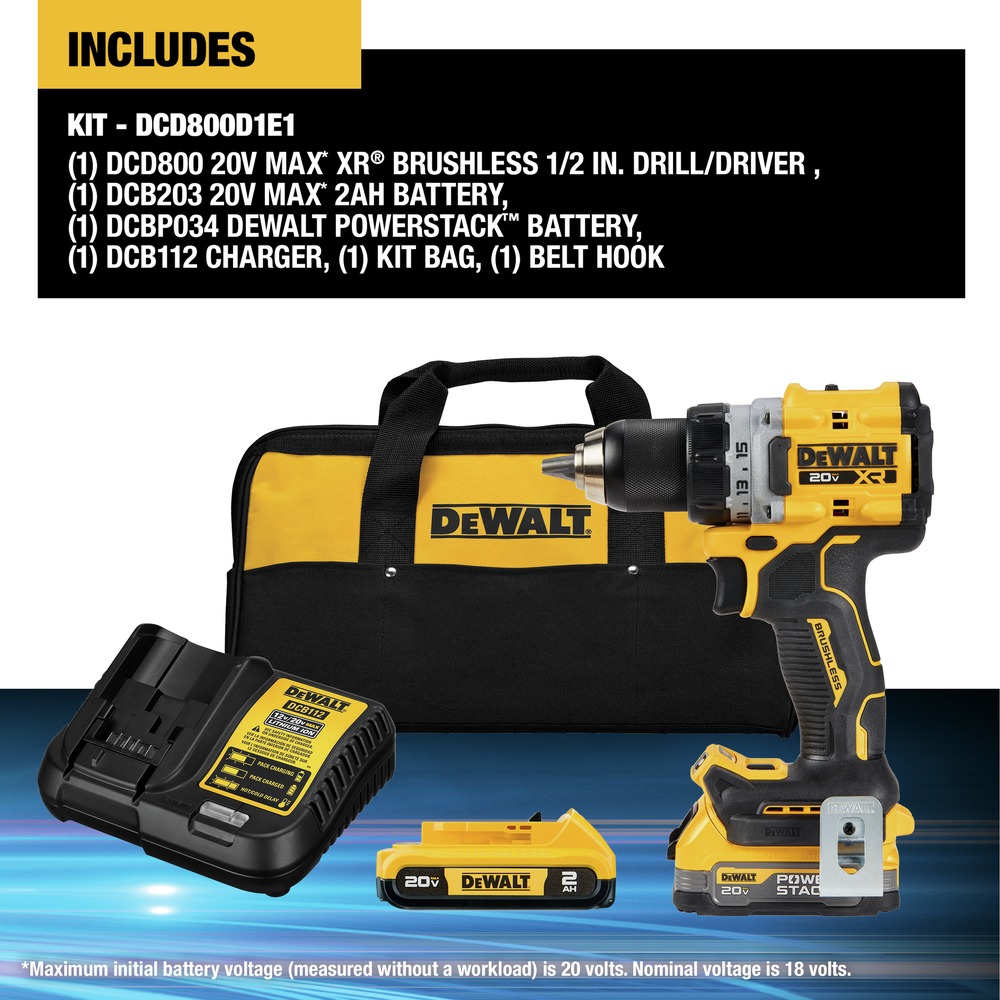 Dewalt DCD800D1E1 20V XR Brushless Lithium-Ion 1-2 in. Cordless Drill ...