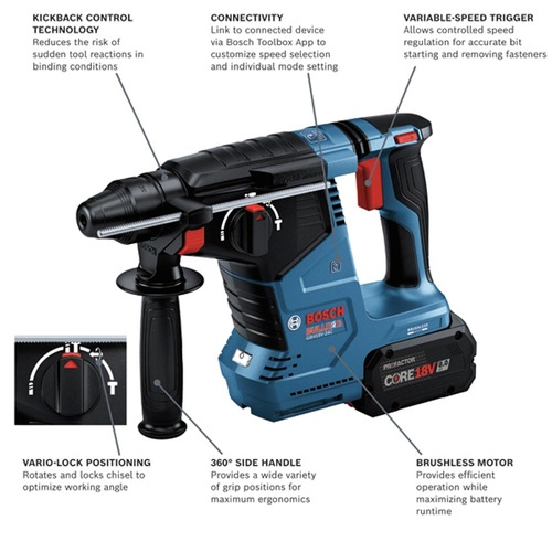 Bosch 18V Brushless Lithium-Ion 1 in. Cordless SDS-Plus Bulldog Rotary Hammer Kit with 2 ...